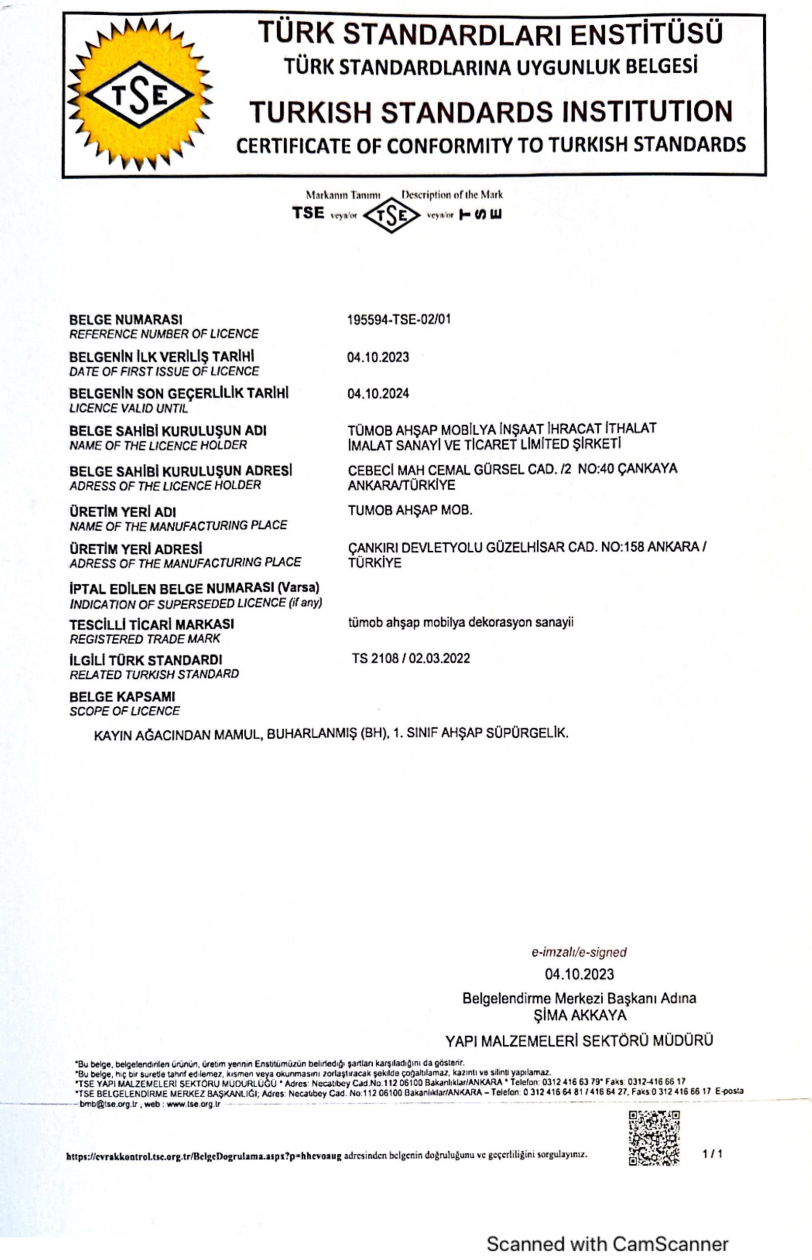 Sertifikalarımız - Tümob - Ahşap, Mobilya ve Dekorasyon Sanayi